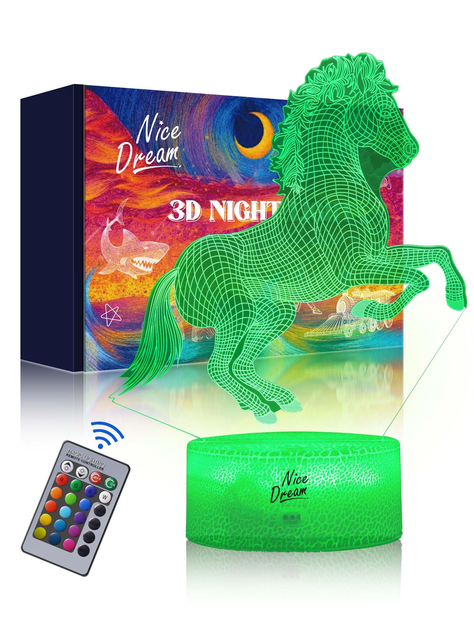 Nice Dream Horse Night Light for Kids, 3D Illusion Horse Lamp, 16 Colors Changing with Remote Control, Kids Room Decor, Horse Gifts for Kids Children Boys Girls Horse Decor for Girls Room
