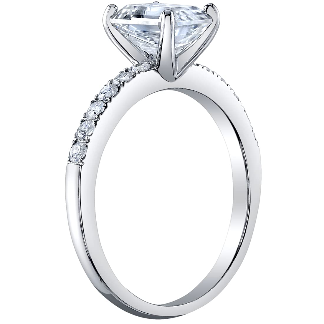 PEORA Moissanite Emerald Cut Engagement Ring and Wedding Band Bridal Set in Sterling Silver, 2 Carat Center, DE Color, VVS Clarity, Size 6.5