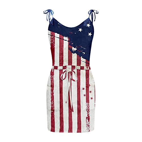 Tenworld Beach Women Summer Dress Independence Day Print Striped Spaghetti Strap Mini with Pocket Shirt Classy Party Red