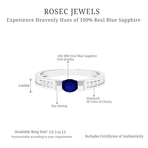 Rosec Jewels Certified Natural Blue Sapphire Solitaire Band Ring for Women, AAA Quality, Sapphire Diamond Band - Ready to Gift, 14K White Gold, Size:US 9.00