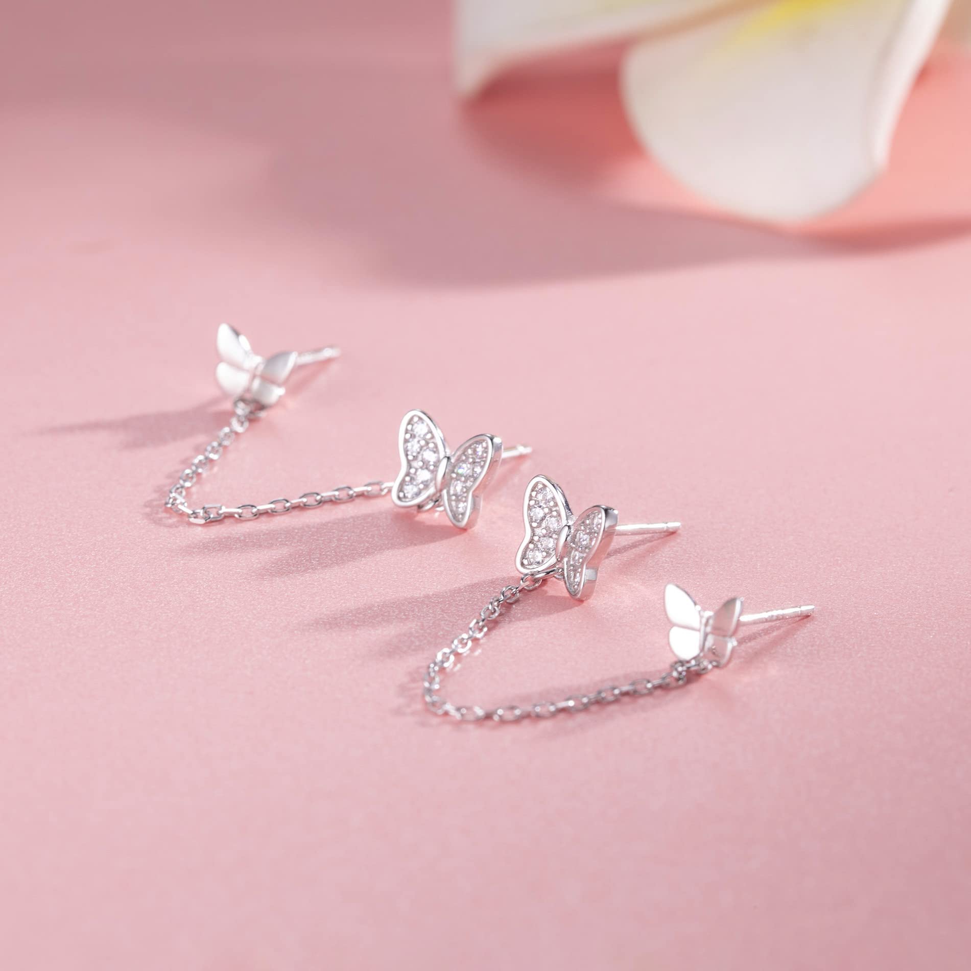 Reffeer 925 Sterling Silver Double Holes CZ Butterfly Chain Stud Earrings Two Butterfly Cuff Climber Earrings for Women Teen (Silver)