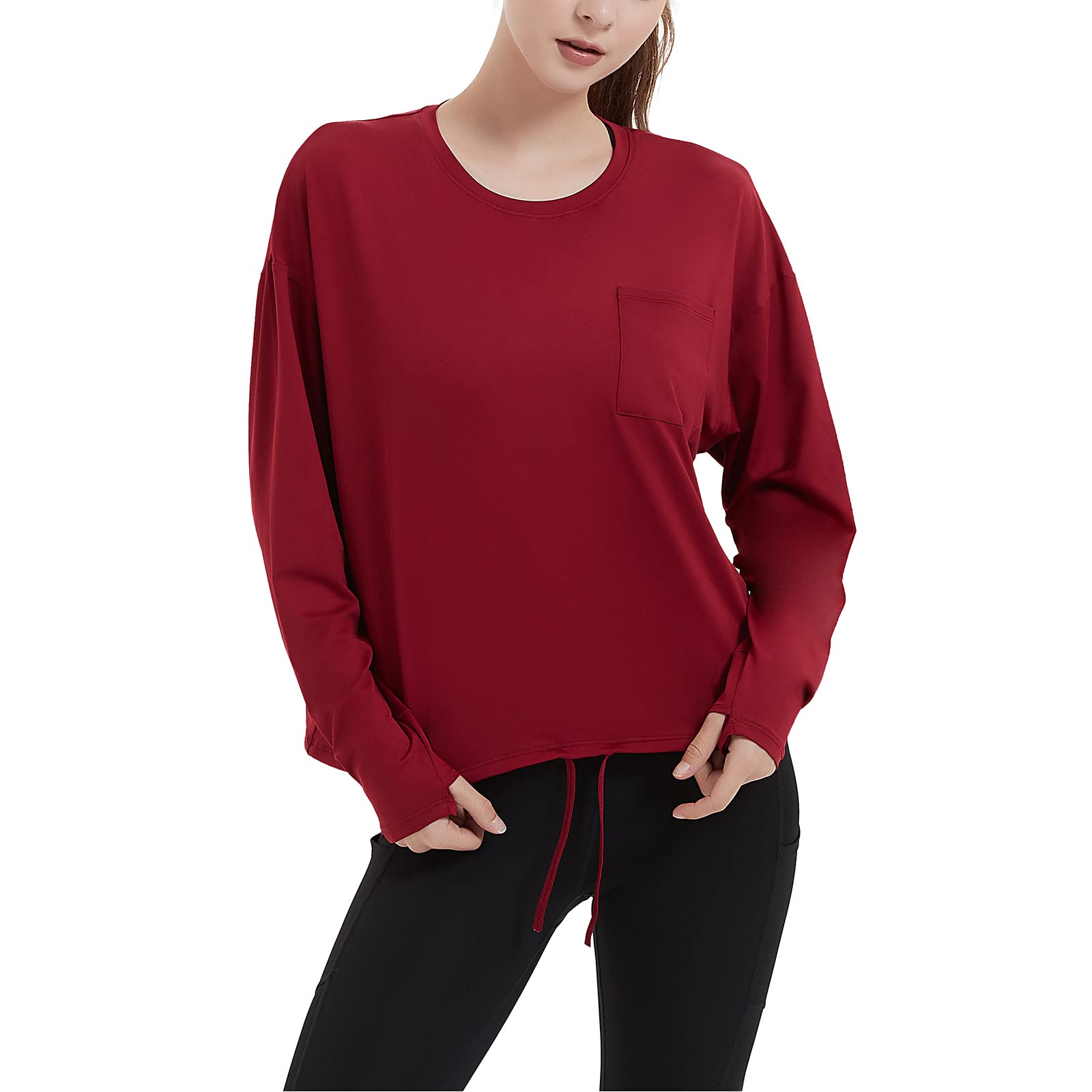 Women Long Sleeve Open Back Workout Yoga Shirts with Thumb Hole- Crew Neck Backless Athletic Loose Fit Gym Top Shirt Black