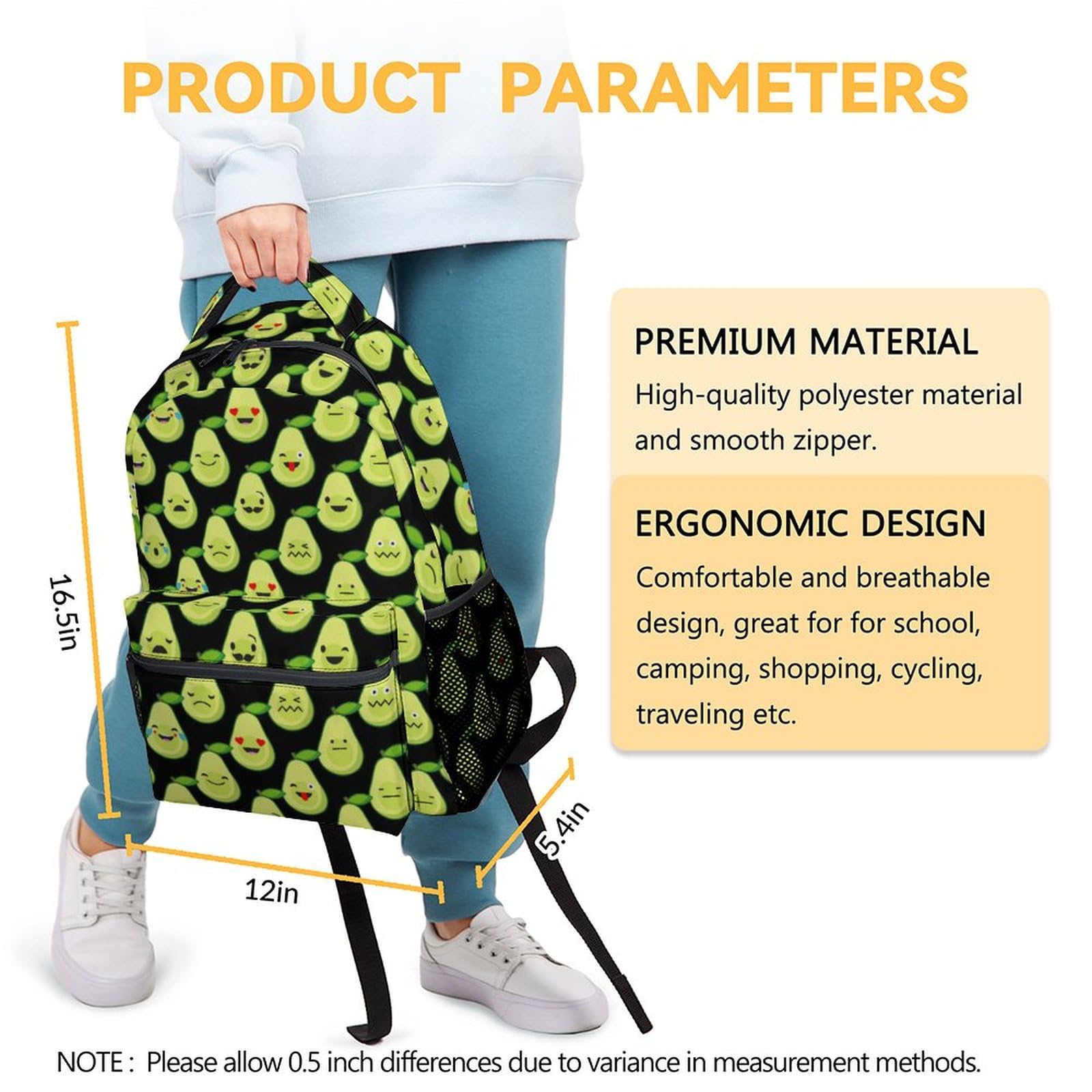 NICEFORNICE Avocado Backpacks Kids, 16 Inch Cute Backpack for School, Black Lightweight Bookbag for Girls