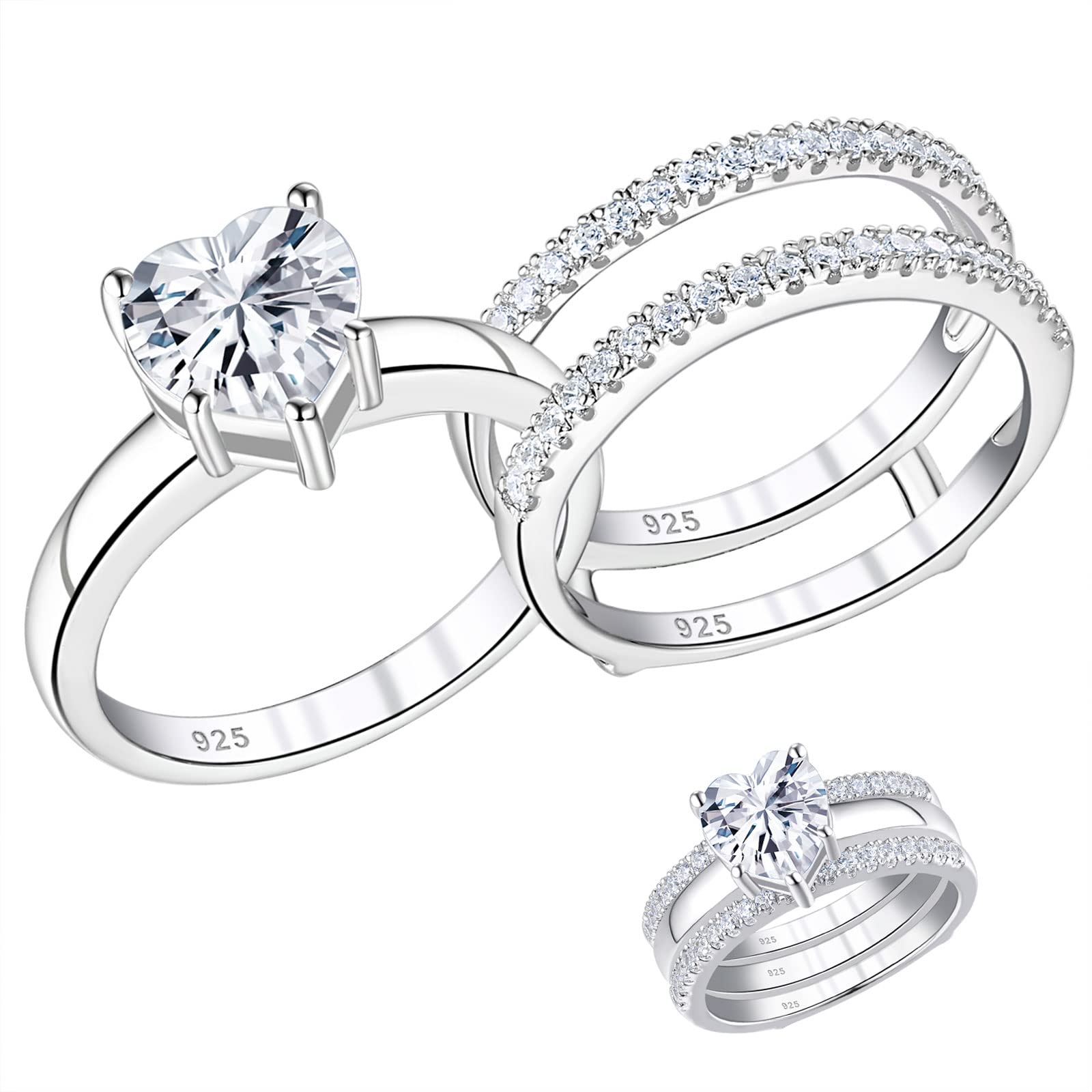 SHELOVES Solitaire Heart CZ Engagement Rings Set Sterling Silver Wedding Band Guard Enhancers Sz 5