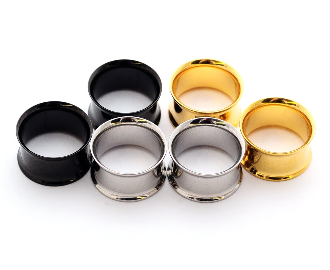 Mystic Metals Body Jewelry Set of 3 Pairs Steel Double Flare Tunnels - 00g - 10mm - (Gold, Black, Steel)