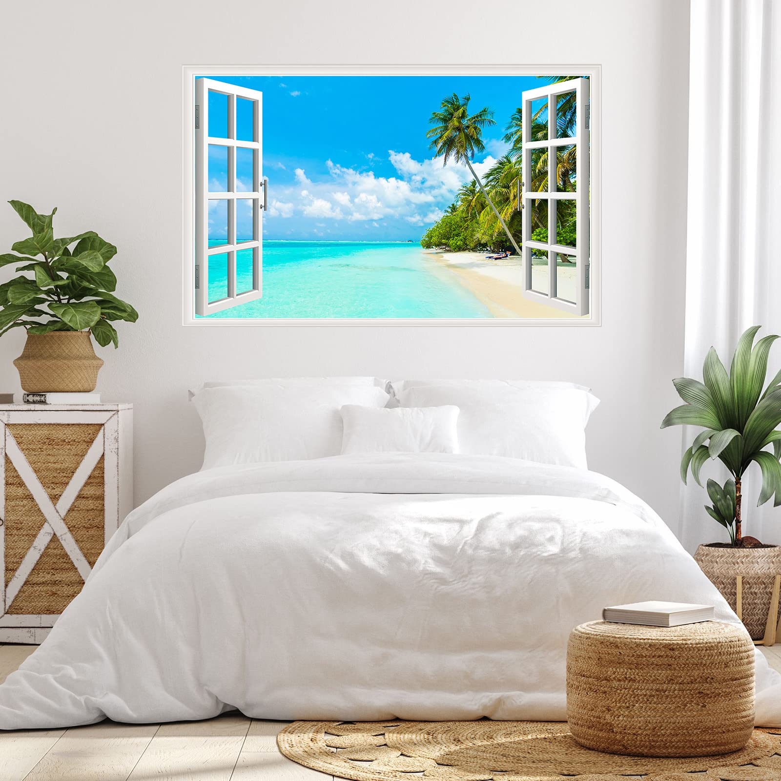 Rajahubri 3D Beach Fake Window Wall Stickers Blue Sky Window View Wall Decals Seascape Wall Sticker Removable Ocean Beach Wall Decals for Bedroom Kids Room