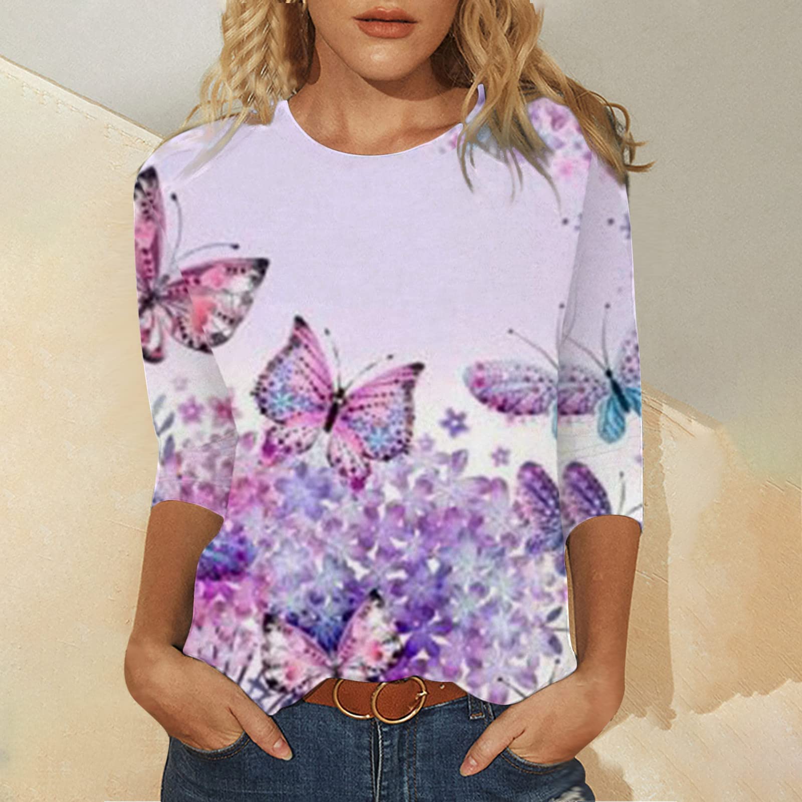 Three-Quarter Top Top Neck Printed Loose Sleeve Round Casual T-Shirt Positioning Ladies Women's Polyester Womens Shirt Pink