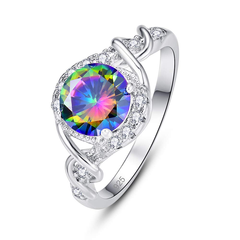 Psiroy 925 Sterling Silver Plated Created Rainbow Topaz Filled Anniversary Ring for Women Size 8