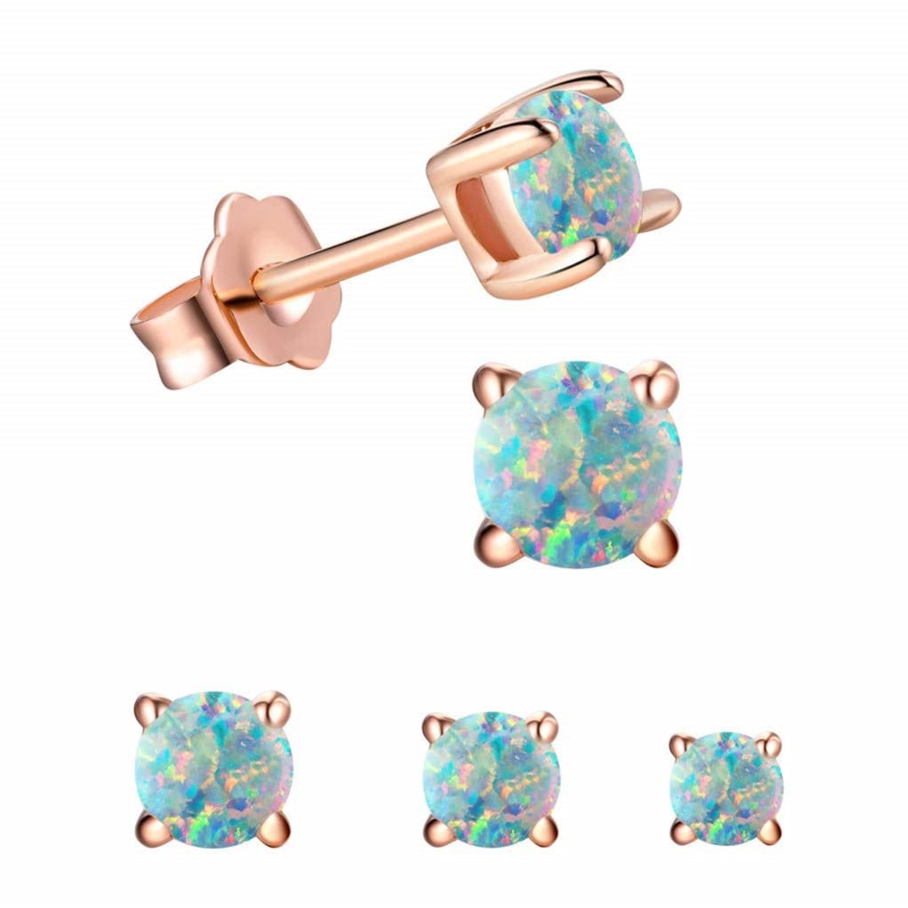 Tiny Round Opal Stud Earrings Sets -18K Rose Gold Plated Birthstones Earrings For Women 3 Pairs/Set(2,3,4mm)