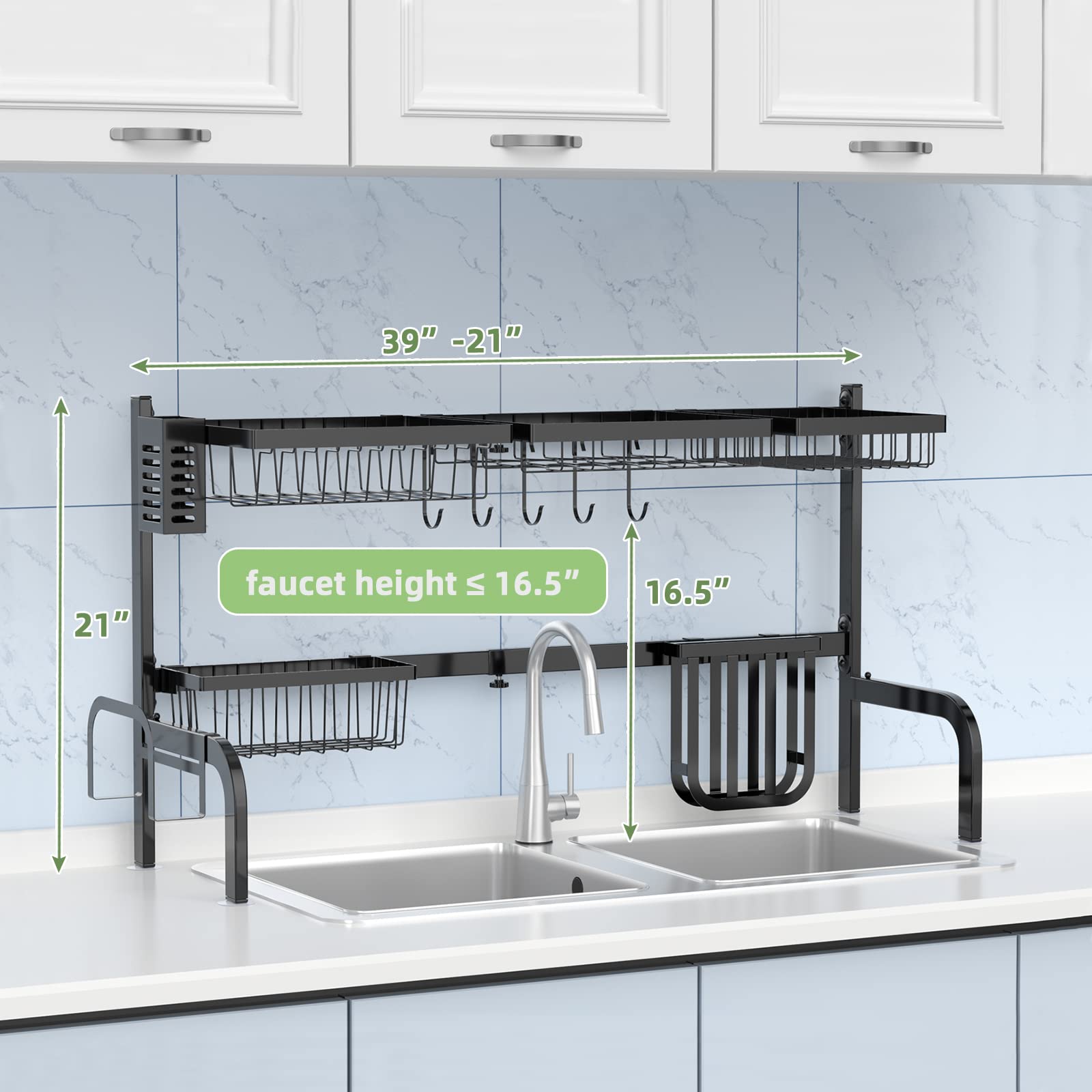 PETSITE Over Sink Dish Drying Rack, 21"-39" Length Adjustable, 2-Tier Dish Drainer for Kitchen Counter Storage, with 4 Baskets and 8 Hooks, Cutting Board & Utensil & Knife Holder, Above Sink Dish Rack