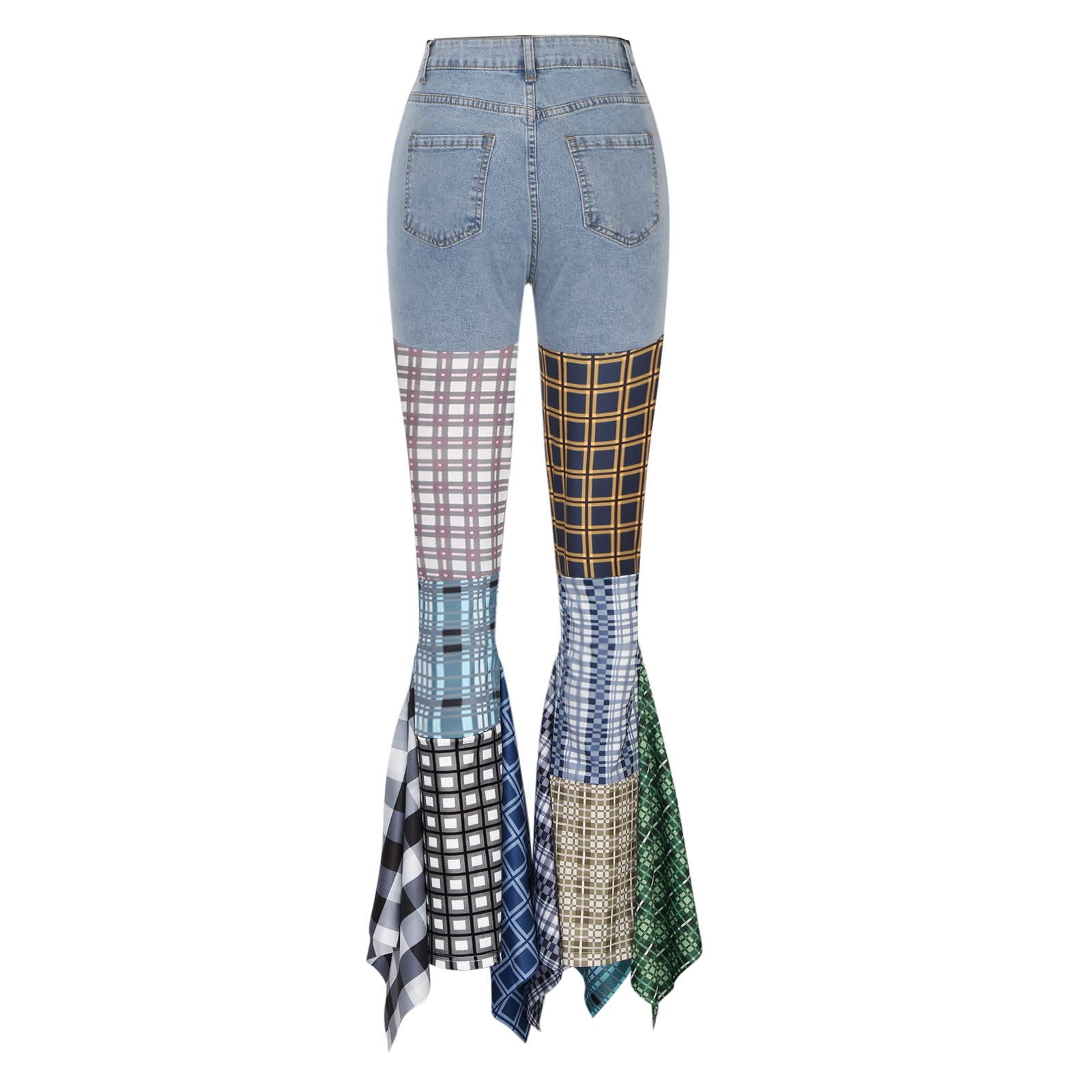 Women Patchwork Flared Jeans Trendy Plaid Splicing Bell Bottom Denim Pants Stylish High Wasit Cowboy Wide Leg Trousers Blue