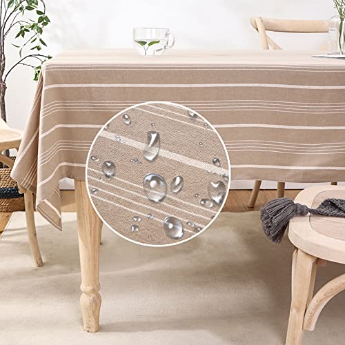 Simple&Opulence Linen and Cotton Stripe Waterproof Rectangle Tablecloth for Dinner,Picnic,and Indoor&Outdoor Party for Easter (Brown Background,White Stripe,60''x104'')
