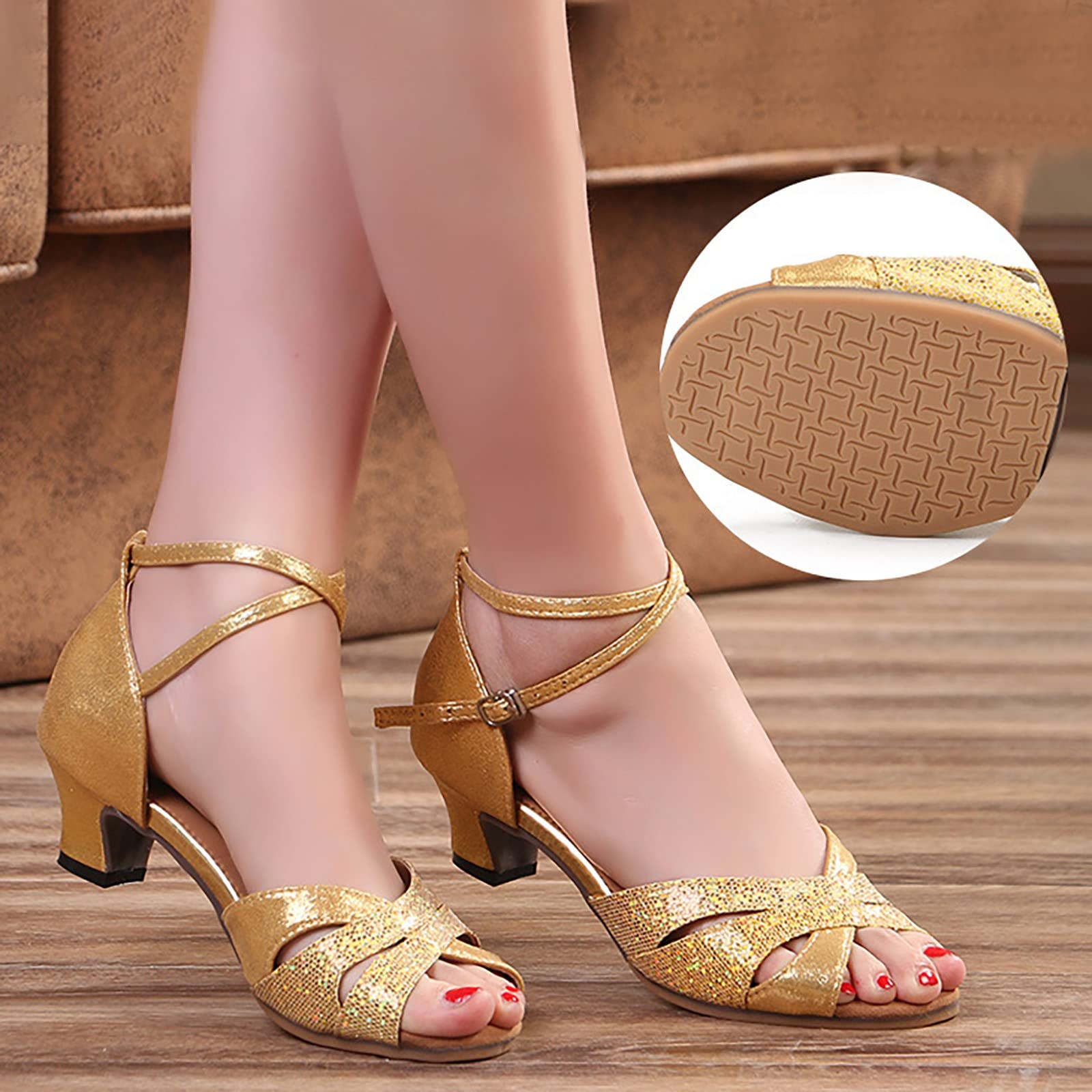 Pyhlmscde Women's Outdoor Rubber Sole 3.5cm Low Heel Soft Bottom Latin Dance Shoes Womens Sandals Size 8 1/2 Wide