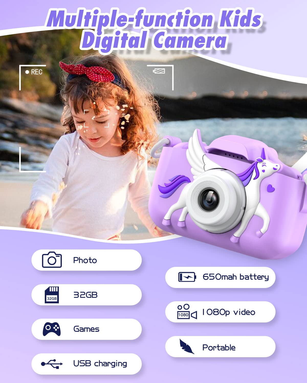 Slothcloud X5 Kids Digital Camera, Unicorn-Purple, 32GB Memory, Anti-Drop Silicone, 1080P Video, Multi-Functions, Selfie, Gift for Children