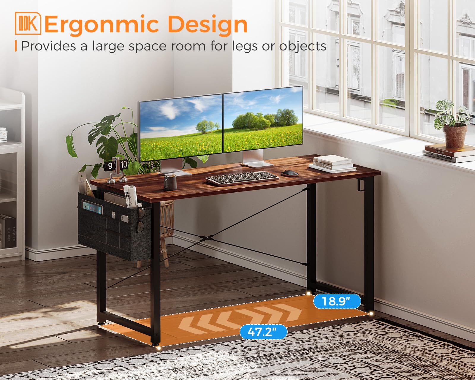 ODK Computer Desk Large Office Desk, 48 Inch Gaming Desk with Storage, Modern PC Desk Work Table with Headphone Hook for Home Office, Deep Brown