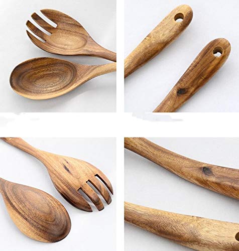 MEGIMA Spoons, Large Wooden Spoon Set, Big Salad Serving Spoon Fork Natural Wood Tablespoon Long Handled Cooking Spoon, Kitchen Utensils