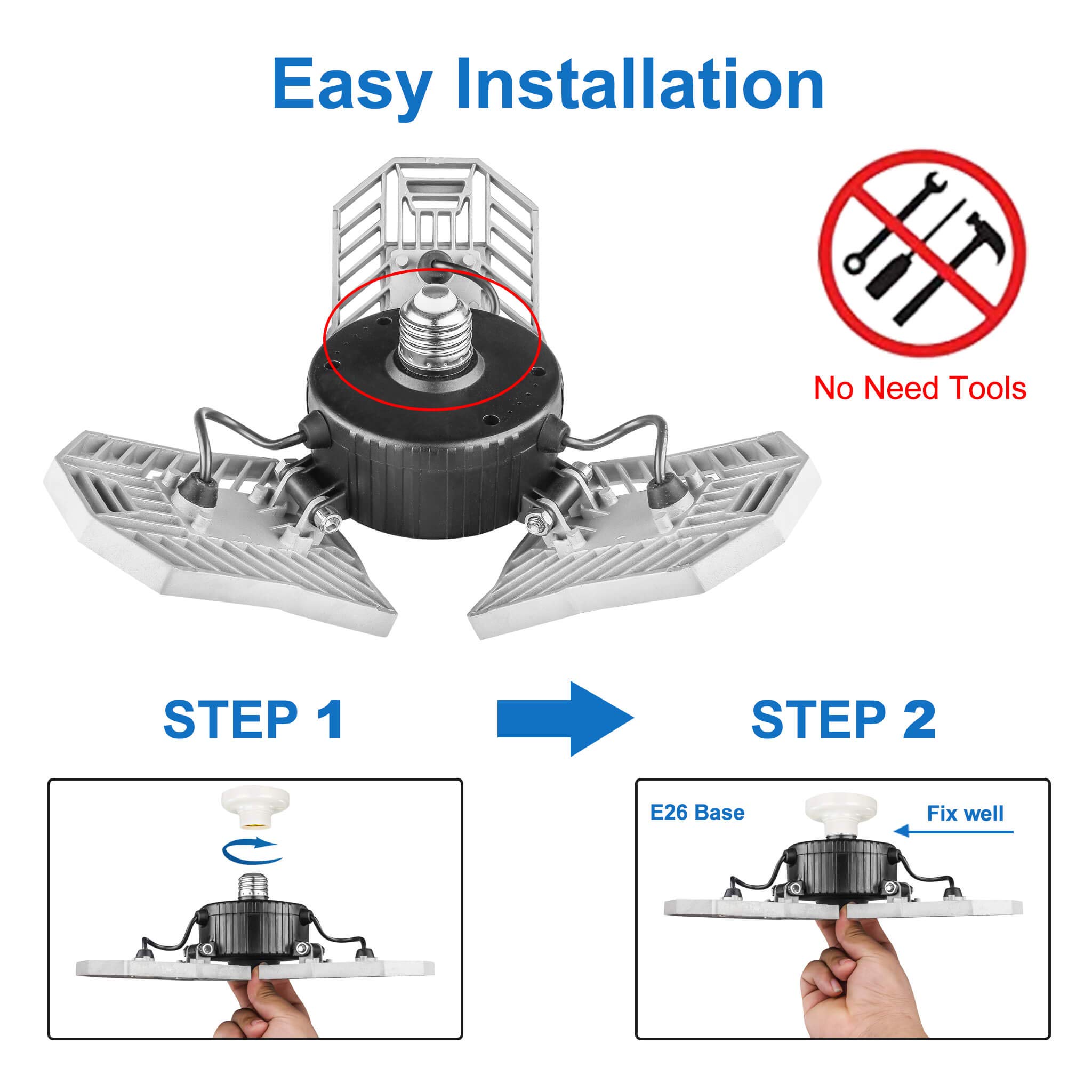 Retinabc B07ZWPDJJD-M Deformable, 60W 6000LM 6000K, E26 LED Bulb Shop Light for Garage, Ceiling Basement, Workshop, Warehouse (No Motion Activated), Silver …