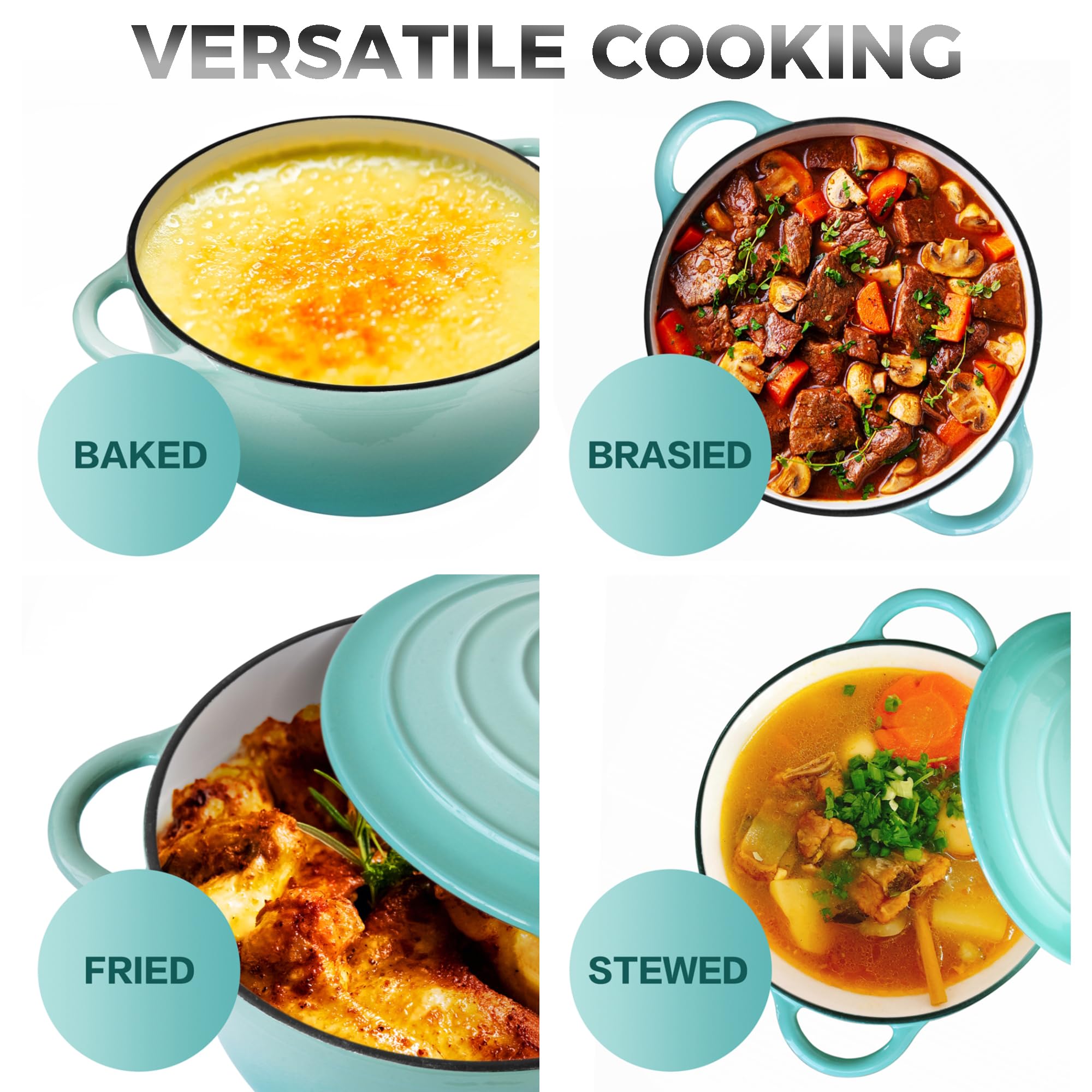Trustmade 4.5 QT Cast Iron Dutch Oven, Enamel Coated Cookware Pot with Self Basting Lid for Home Baking, Braiser, Cooking, Aqua