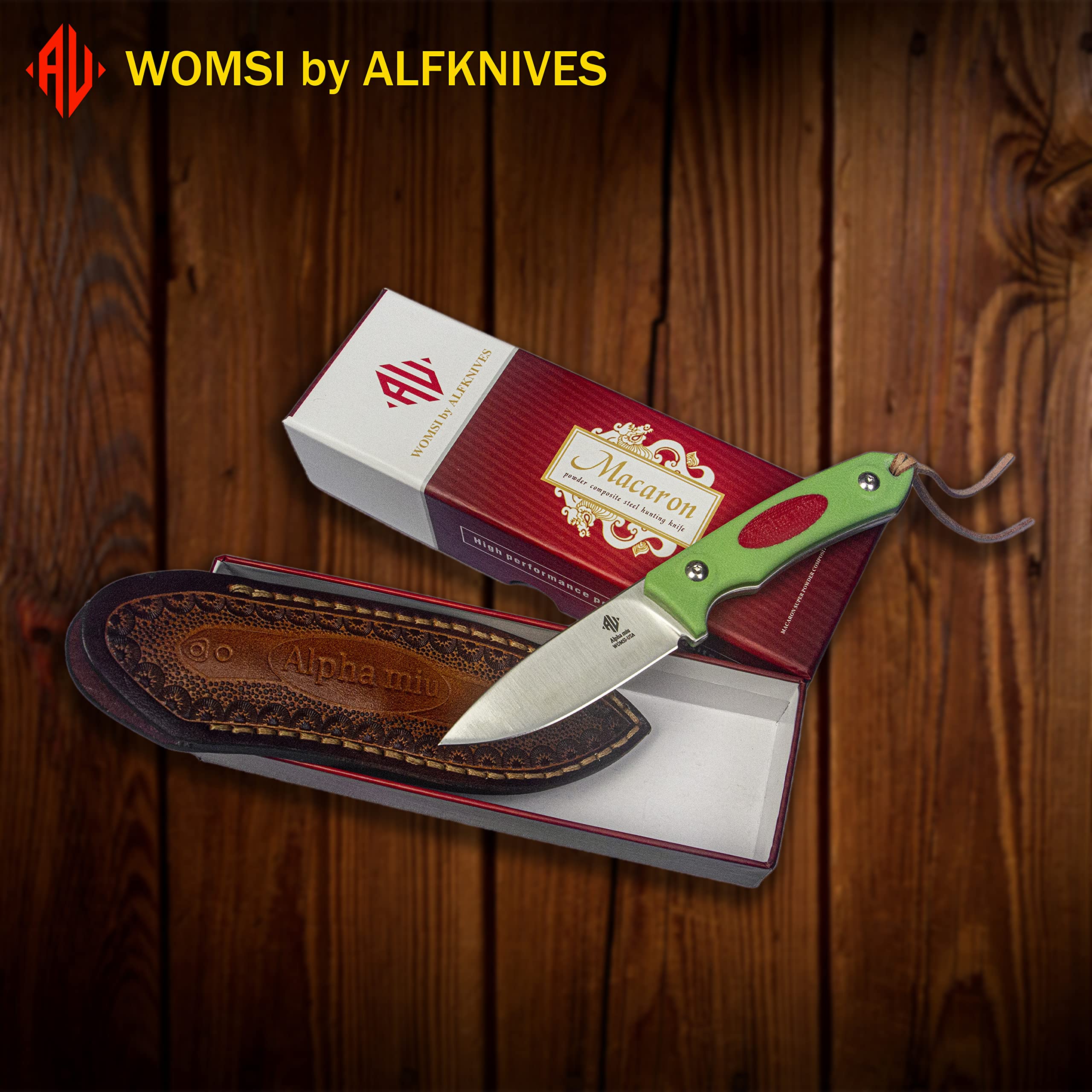 WOMSI Hunting Knife,Full Tang 6.57",DPS15-S Power Steel Blade,Sonorous&durable G10 Handle with Leather Sheath(Green)