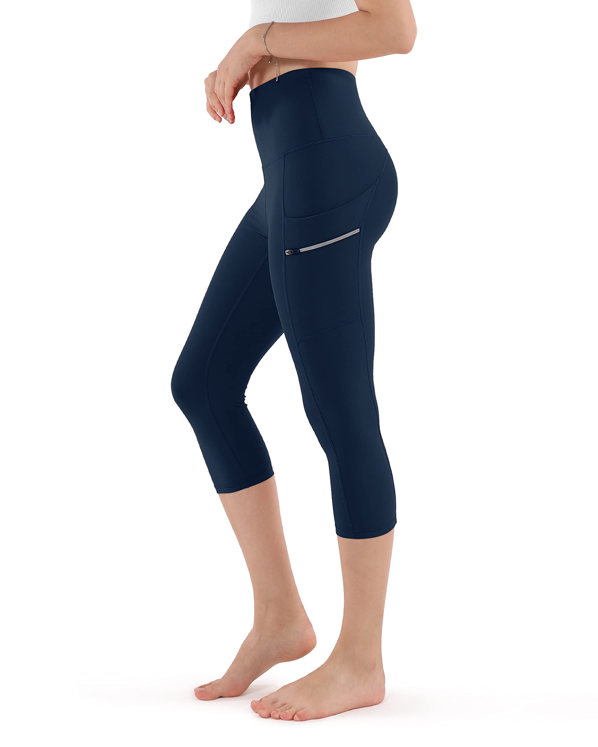 ODODOS Women's High Waisted 19" Inseam Dual Pockets Workout Capris, Yoga Running Gym Athletic Capris Leggings, Navy, Medium