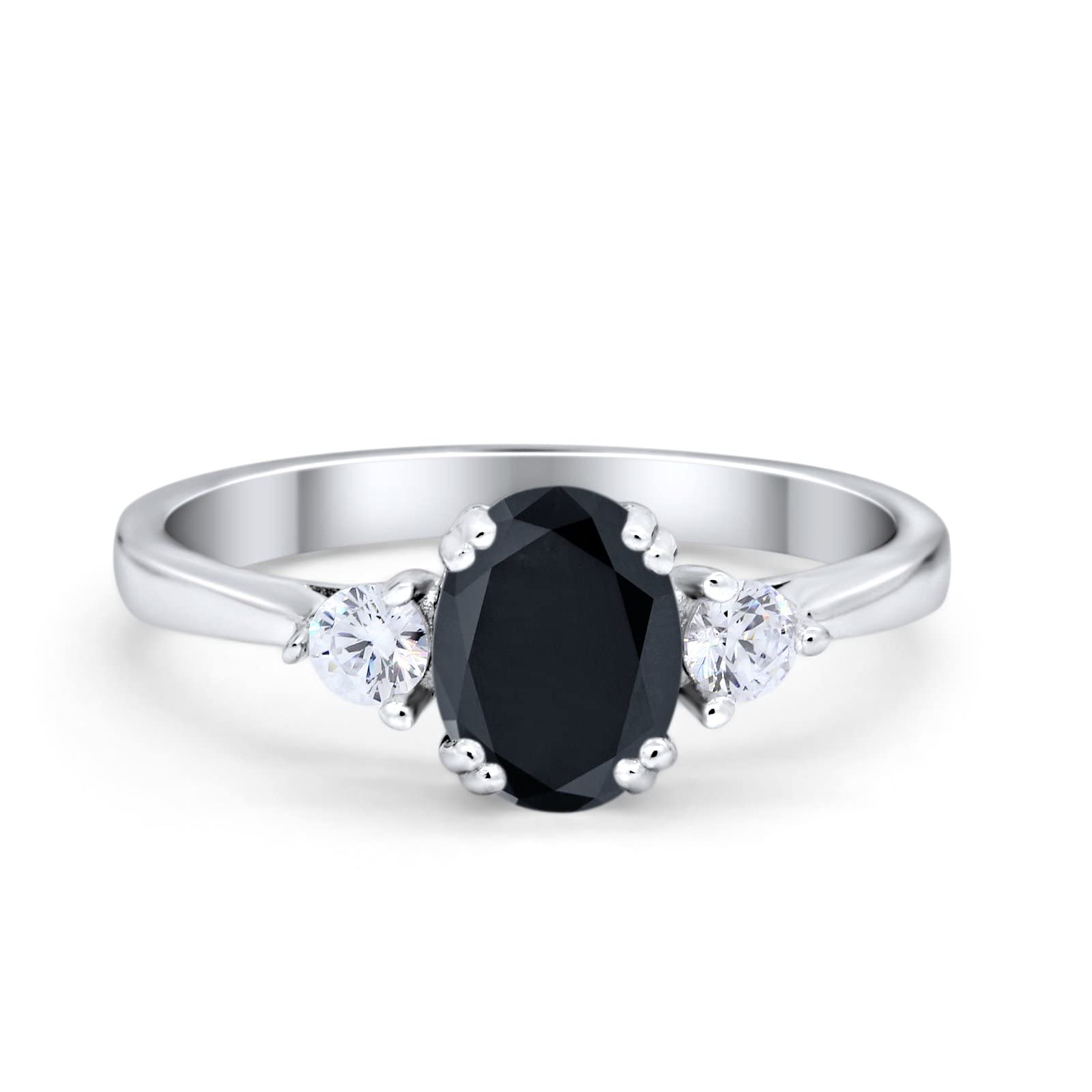 Simulated Black Cubic Zirconia Size-11 Three Stone Wedding Engagement Ring Oval Round Simulated Cubic Zirconia 925 Sterling Silver