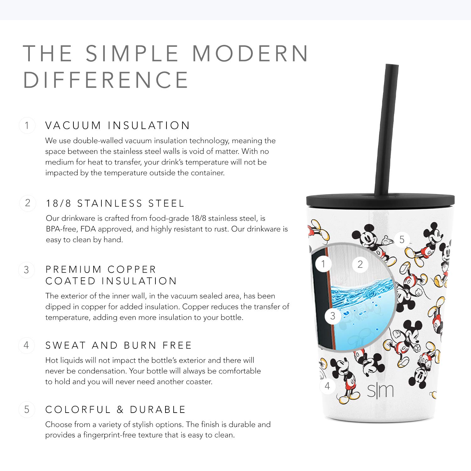 Simple Modern Disney Mickey Mouse Toddler Cup with Lid and Straw | Reusable Insulated Stainless Steel Kids Tumbler | Classic Collection | 12oz, Mickey Mouse Retro