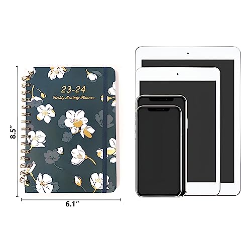 Planner 2023-2024 - Weekly and Monthly Planner, July 2023 - June 2024, 8.5" x 6.1" A5 Planner with Monthly Tabs, Twin-Wire Binding, White Flowers