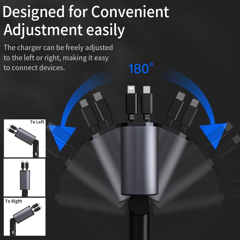 Retractable Car Charger, 4 in 1 USB C Car Charger 60W,Retractable Cables (2.6Ft) and 2 USB Ports Car Charger Adapter, Compatible with iPhone 15/14/13/12/11 Pro Max, Galaxy S23/ S22/S10,Google Pixel