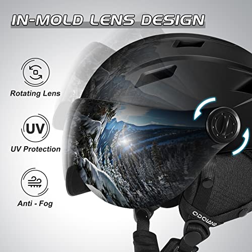 Odoland Ski Helmet with Ski Goggles, Light Weight Snowboard Helmet and 2-in-4 Visor Detachable Goggles Set, Snow Sport Helmets for Men Women,Black,L