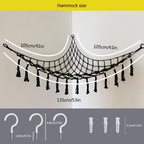 QCLILUA Boho Stuffed Animal Net or Hammock, Toy Hammock, Stuffed Animal Storage or Holder, Hanging in The Corner, 55" x 41" x 41" (Black)