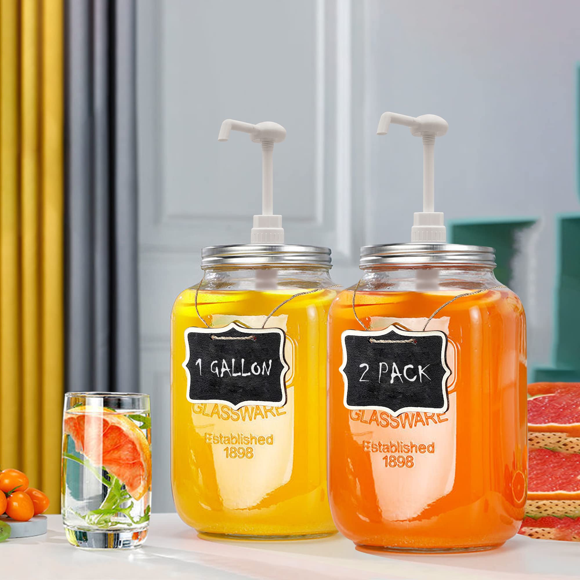 Suli Drink Dispenser for Parties, 1 Gallon 2 Pack Beverage Dispenser, Glass Juice Dispenser Countertop for Outdoor BBQ, Sun Tea, Lemonade, Mason Jar Dispenser with Pump