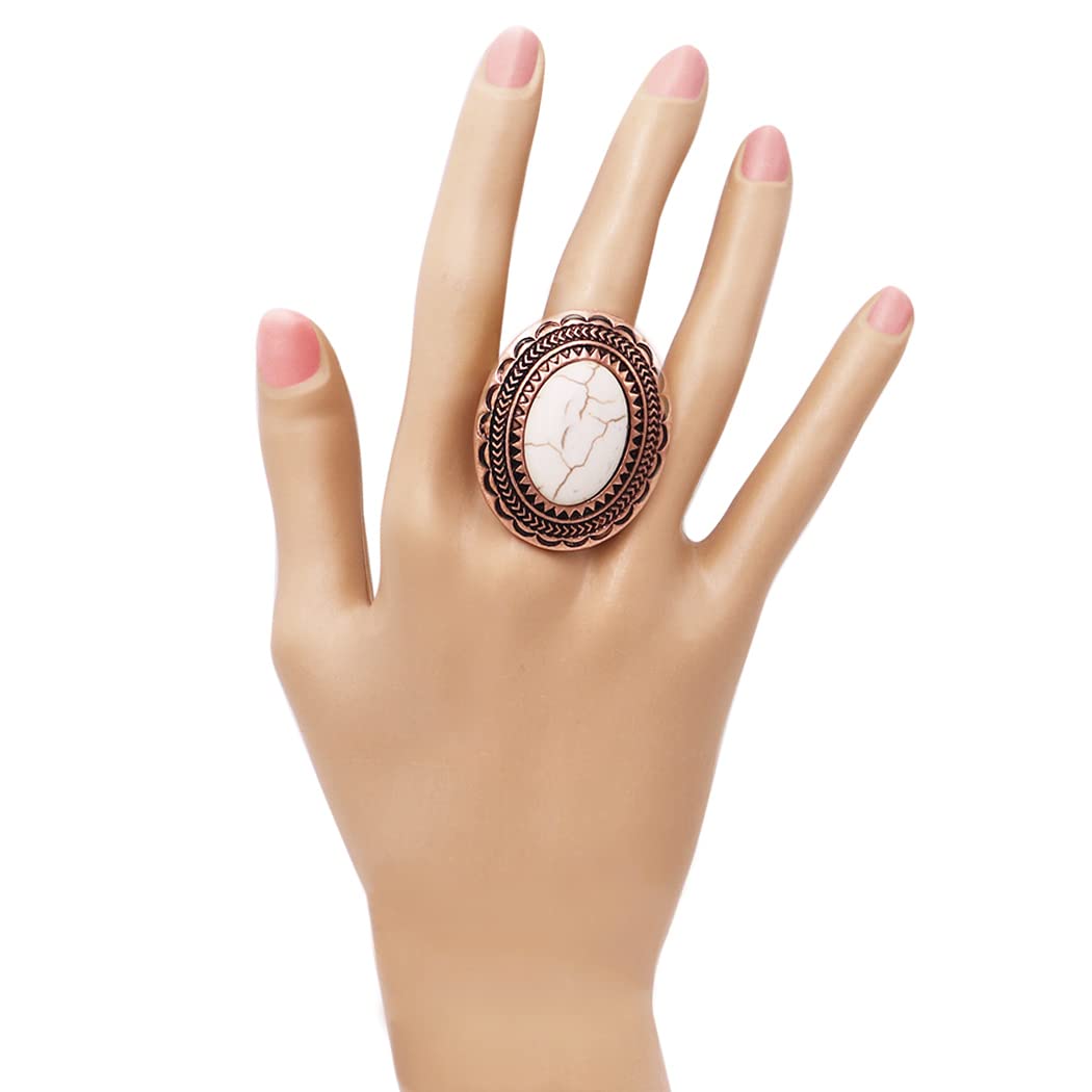 Rosemarie & Jubalee Women's Cowgirl Chic Semi Precious Natural Howlite Stone Copper Tone Concho Western Stretch Cocktail Ring