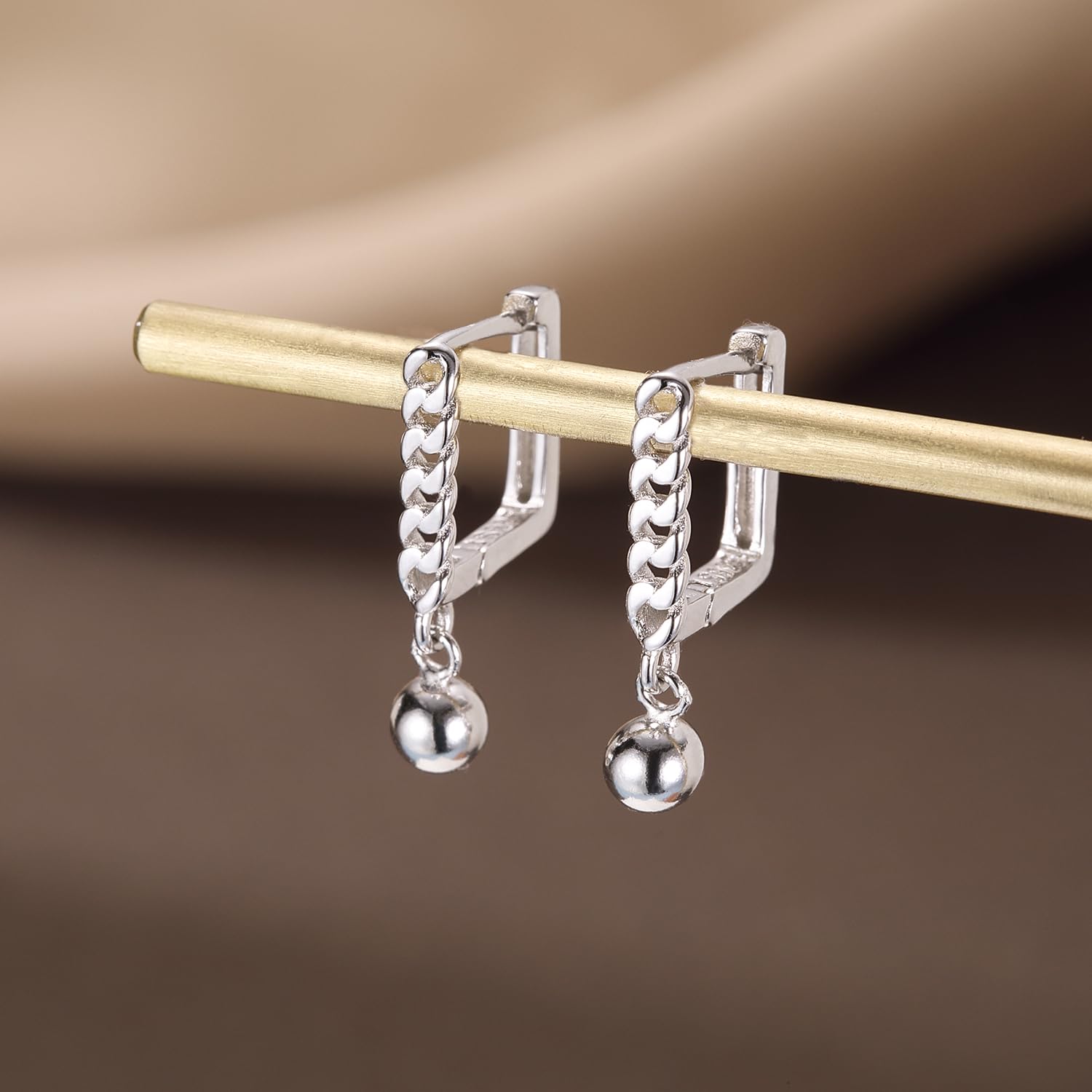 SLUYNZ 925 Sterling Silver U Hoop Earrings for Women Square Hoop Earrings Minimalist Chain Earrings Small Ball Dangly Hoop Earrings (A-Silver)