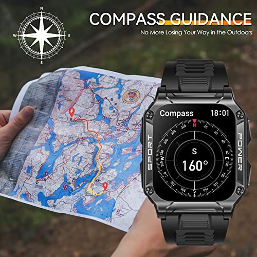 Military Smart Watch for Men with Compass, 1.95'' Rugged Tactical Smartwatch with Bluetooth Calling Message Reminder Heart Rate Sleep Monitor 100+ Sport Mode Big Battery Calculator for iPhone Android