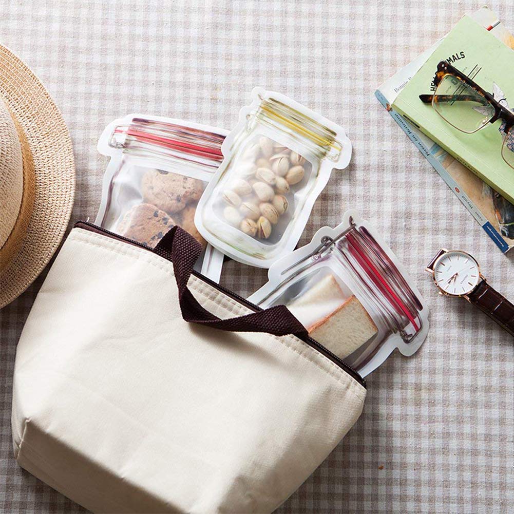 Vos Risus 30 Pcs Mason Jar Bottle Pattern Zipper Airtight Seal Bags Reusable Portable Food Snack Saver Storage Bags for Travel Picnic Camping