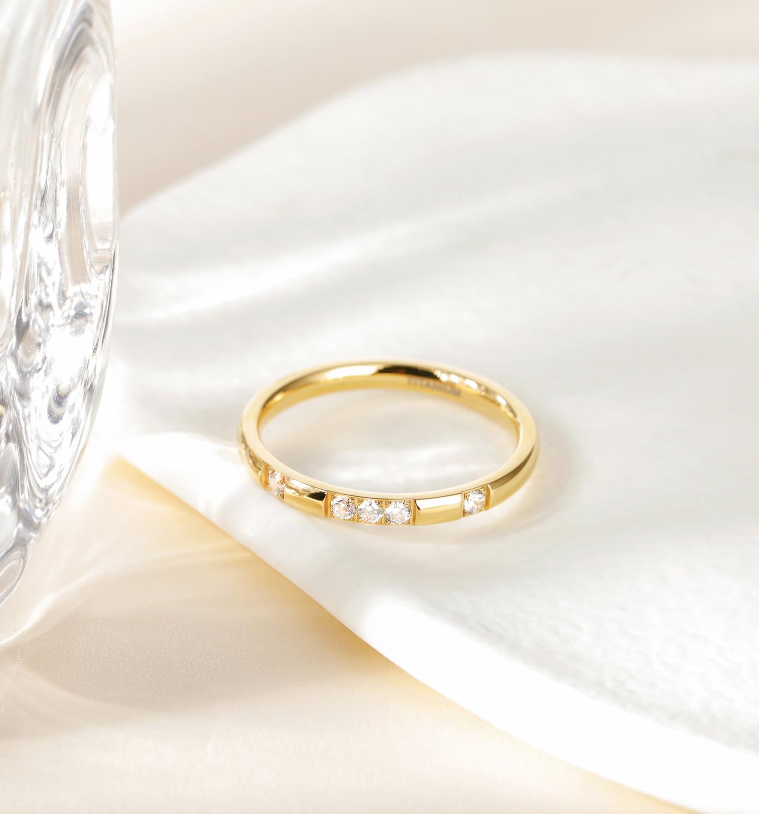 TIGRADE Women Titanium Ring Cubic Zirconia Eternity Ring for Her, 18K Gold Plated Dome High Polished Wedding Band Comfort Fit Size 4-11, White, Size 5