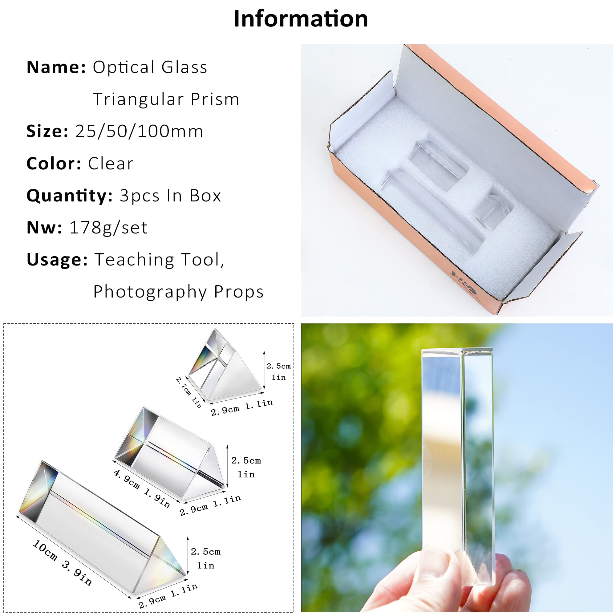 QFkris 7 Pack Crystal Photography Prism Set, Include 50mm Crystal Ball, 50mm Crystal Cube, 50mm Optical Pyramid, 25mm*1+50mm*2+100mm*1Triangular Prism