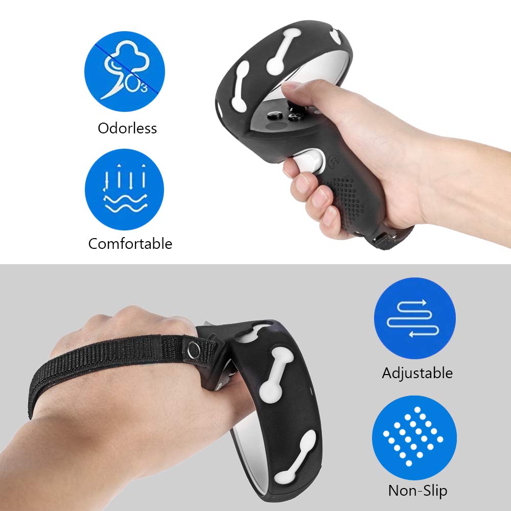 SIMUMU Upgrade Full Cover Silicone Touch Controller Grip Cover & Adjustable Wrist Knuckle Strap for Oculus Quest 2, Upgrade Signal Hole,Unblock Signal (Black)