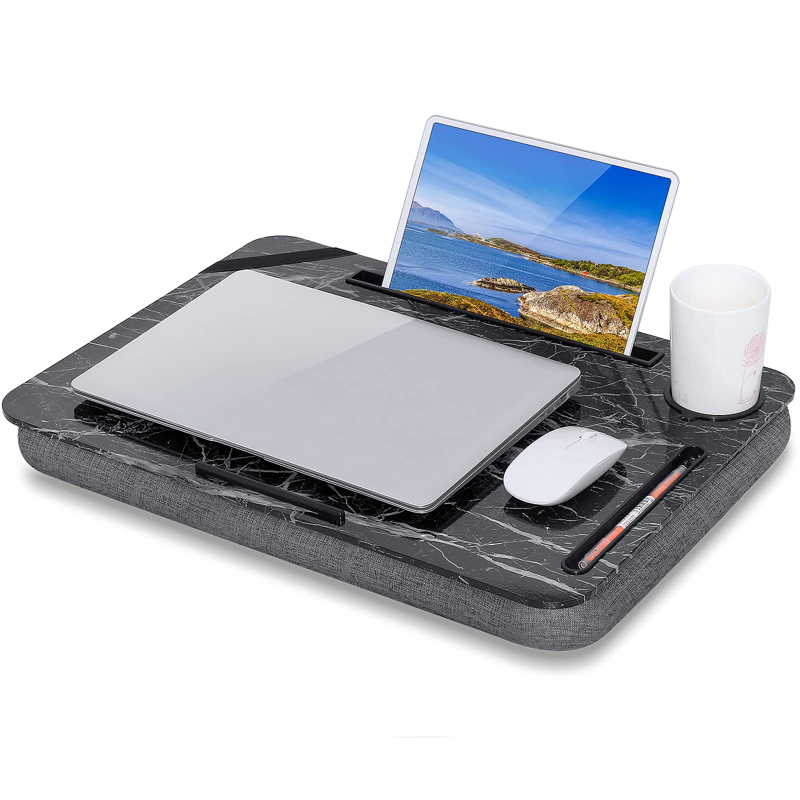 Pezin & Hulin Lap Desk Laptop Table for Home Office|Supports Laptops Up to 17 Inches, Wood Notebook & MacBook Stand with Cushion, Handle, Tablet, Phone, Pen, Cup Holder