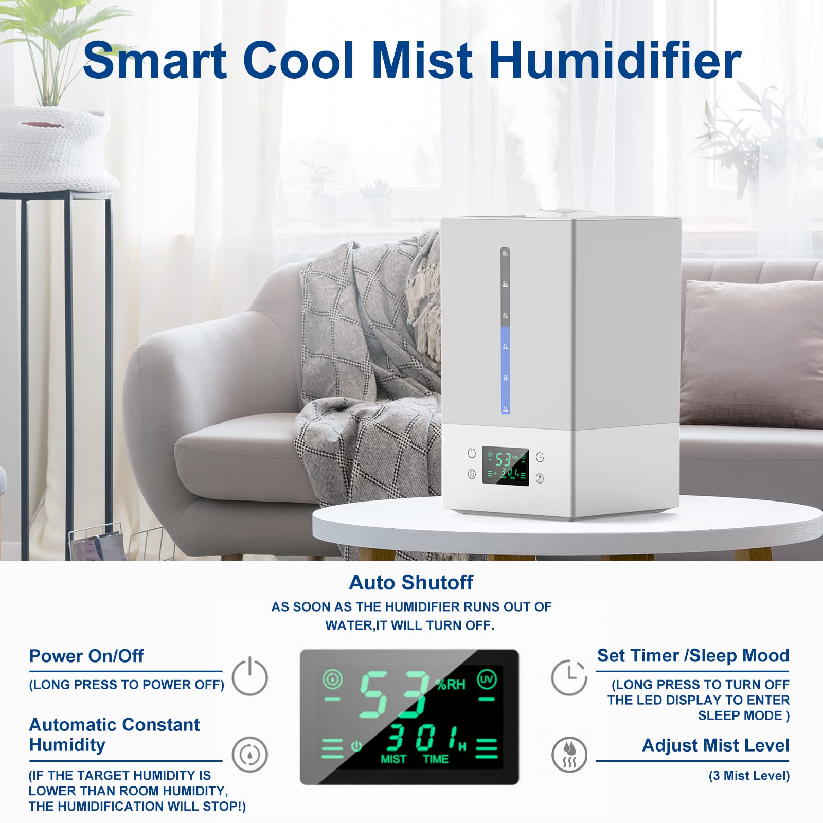 WOAEDMBY 6L Humidifiers for Bedroom Large Room, Cool Mist Humidifiers for Baby Nursery Plants with Essential Oils Diffuser, 360°Rotatable Double Spray Outlet Nozzle, Auto-Shut Off,Sleep Mode