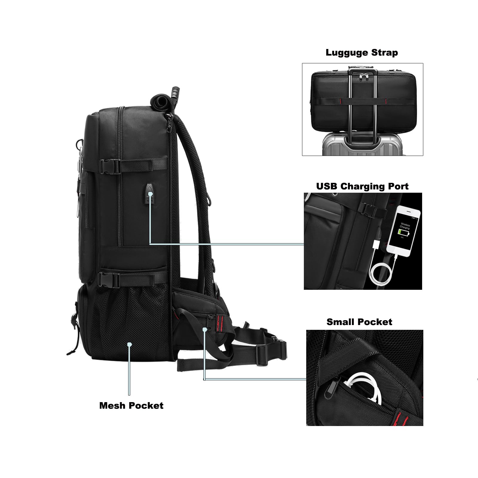 ODSSTAIPS Backpack for Traveling on Airplane,17 inch Laptop Backpack for Men,Waterproof Carry on Backpack Flight Approved,70L Travel Backpack for Personal Item Size with Shoe Compartment,Black