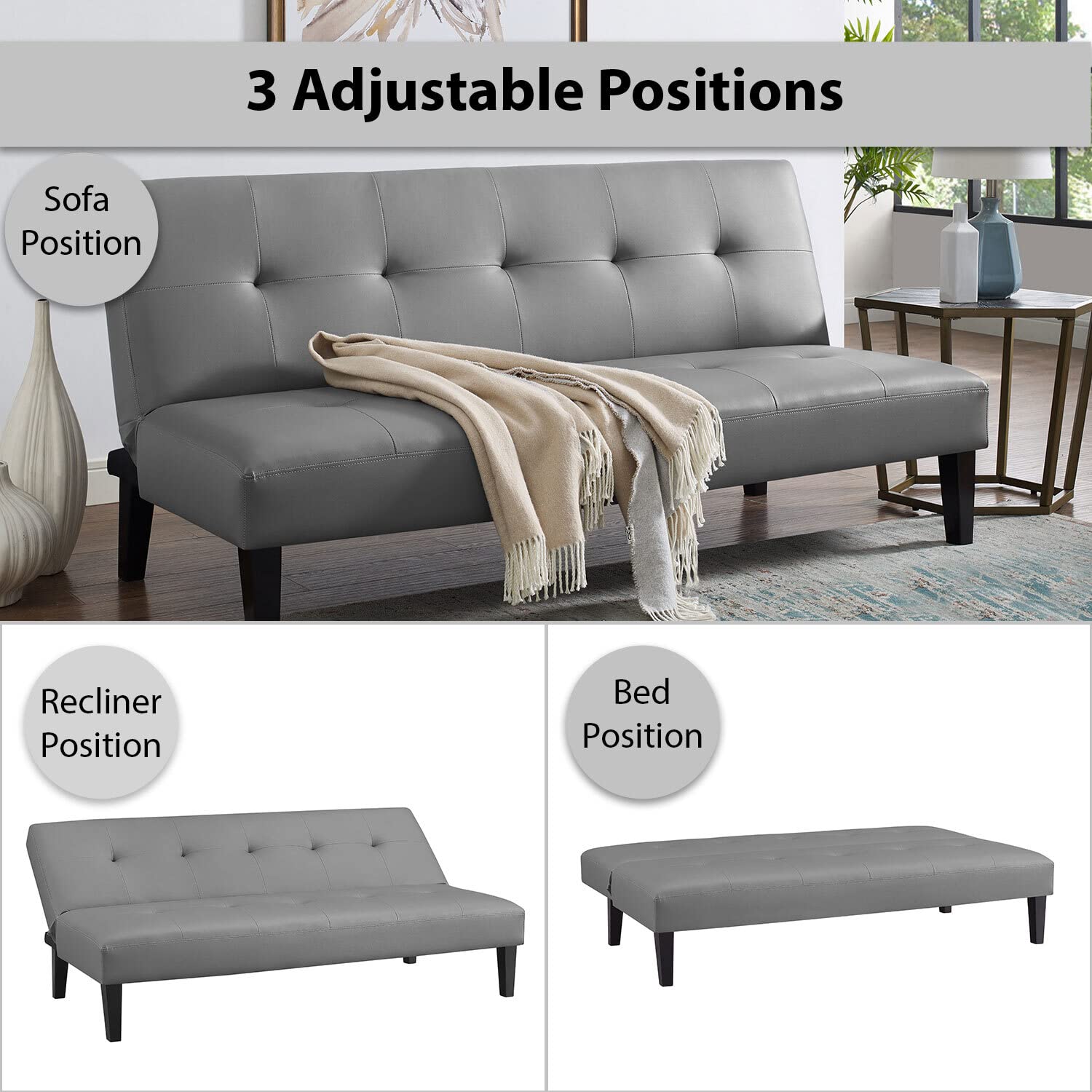 Naomi Home Durable Futon: Perfect for Both Couch Bed and Small Futon Sturdy Build Modern Faux Leather Futon Couch - Low-Maintenance Upholstery - Customizable Positions - Easy AssemblyGray