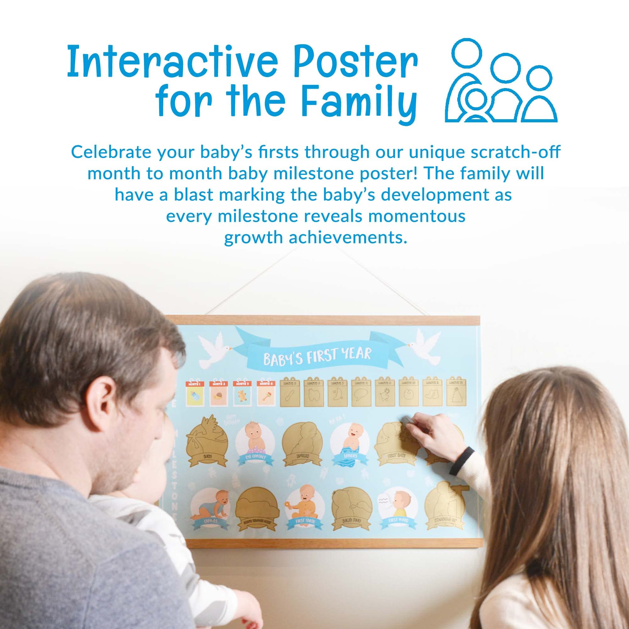 MyFirstYear Interactive Milestone and Age Tracking Poster for Babies, Scratch-Off Wall Poster for Newborns, Fun Nursery Decor, Must-Have Baby Essentials Poster, Blue