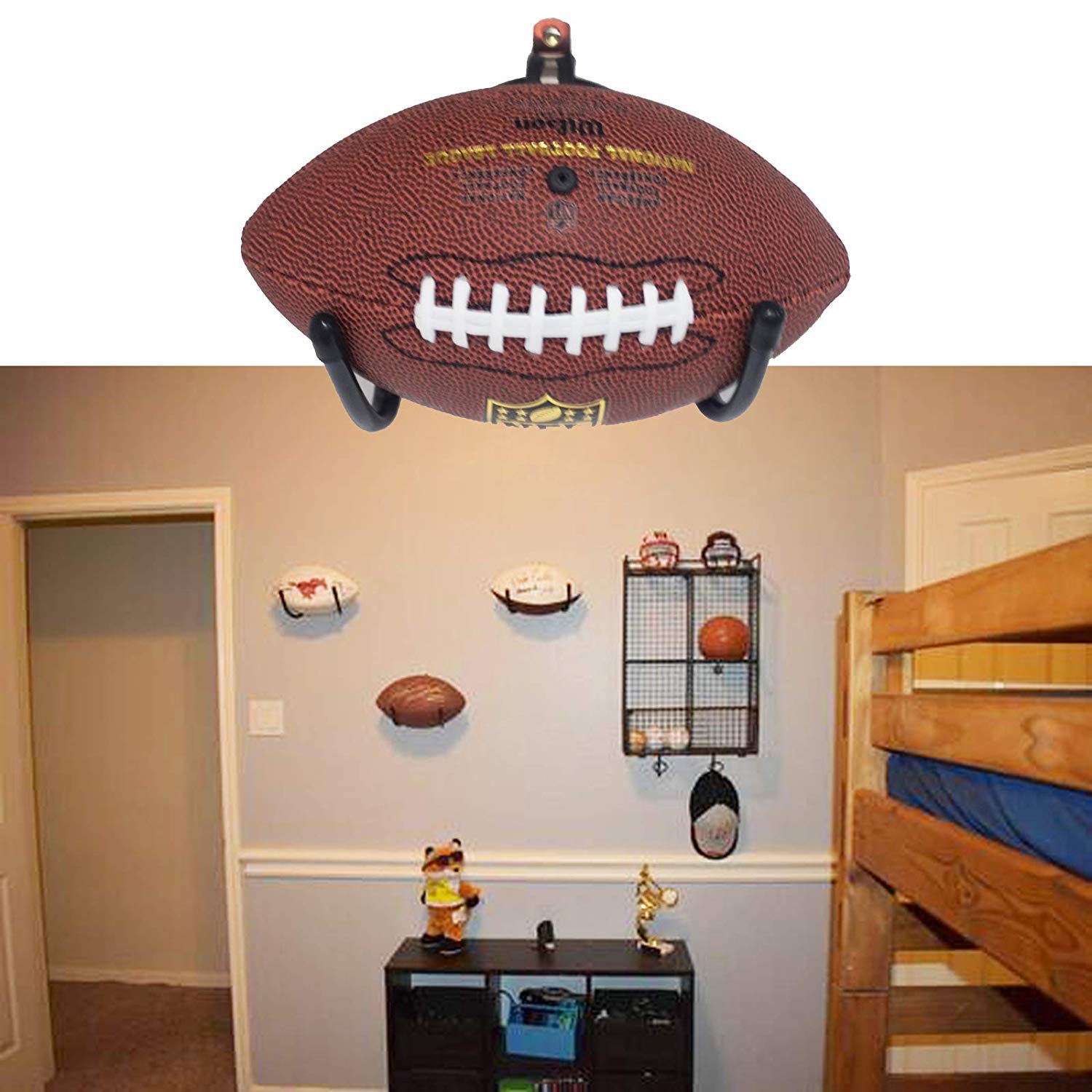 Pack of 2 , Rack with Adjustable Hooks Equipment Organizer Storage β W Claw Wall Mount Football Holder Ball Display Rack for Helmet, Gloves, Coats, Hats/Metal and Silicone Rubber Black Finish.