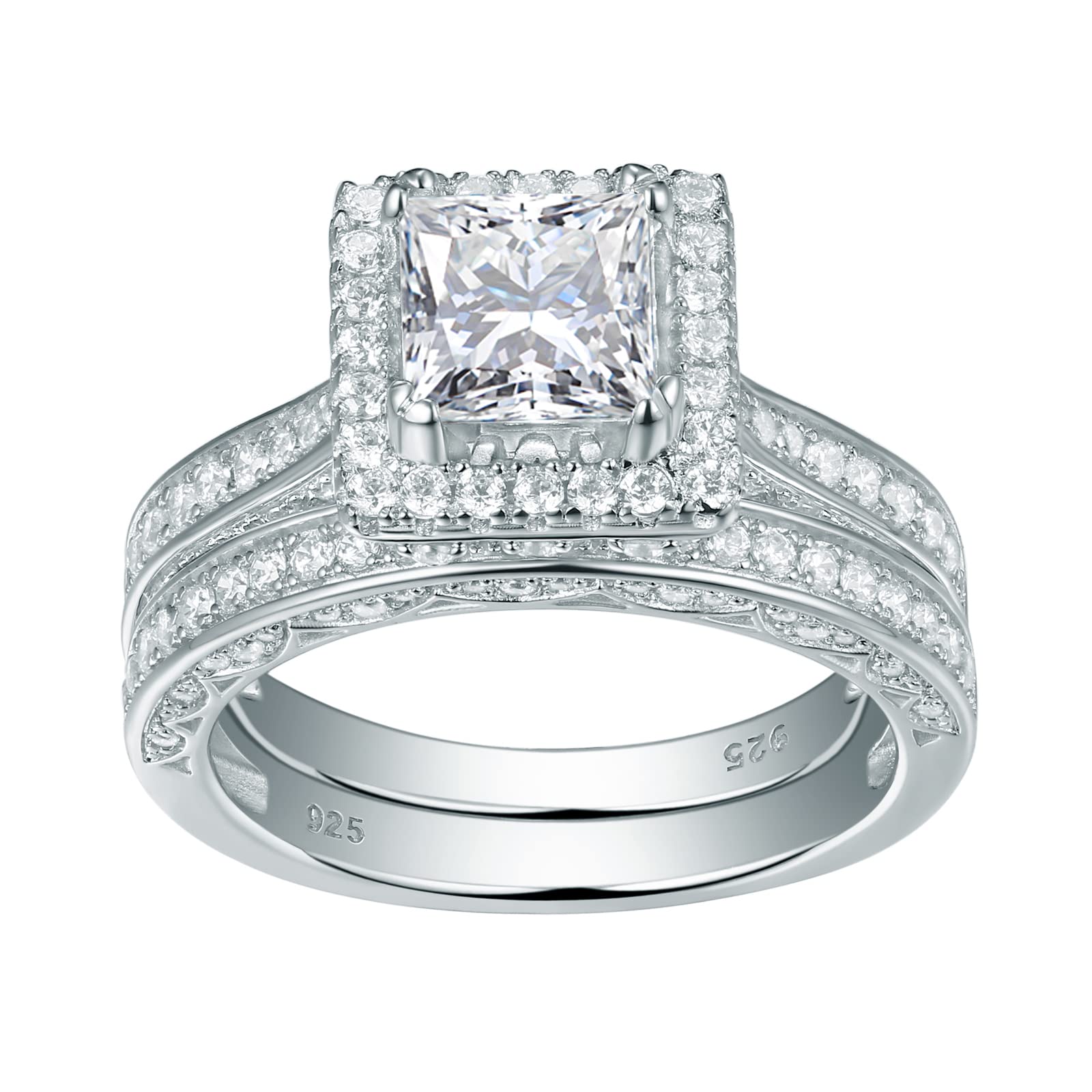Newshe Wedding Band Engagement Ring Set for Women 925 Sterling Silver 2.8ct Princess White Cz Size 5