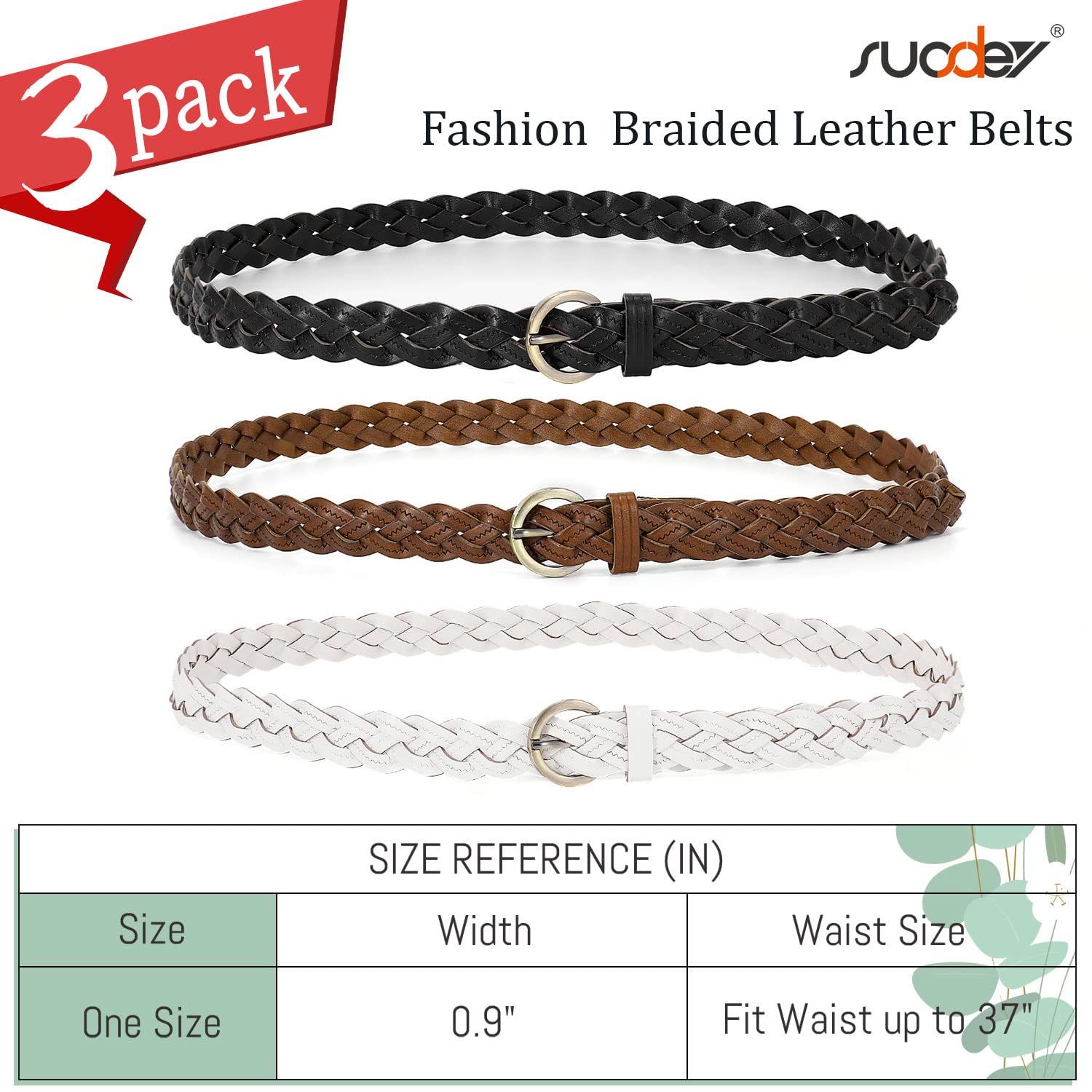 SUOSDEY 3 Pack Skinny Braided Leather Belts for Women, Thin Woven Waist Belts for Jeans Dresses,black brown white belts