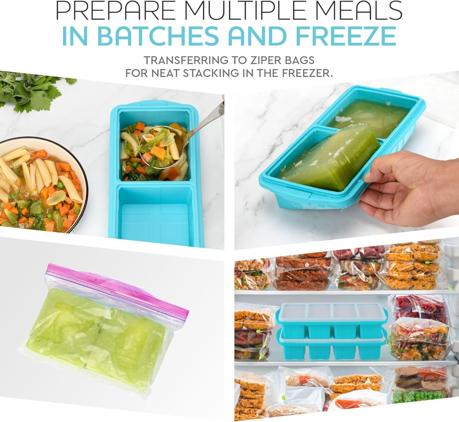 XOMOO Silicone Freezer Tray With Lid-Soup Freezer Container molds-2-cup Extra Large Ice Cube Tray-makes 4 perfect 500ml portions cubes, For freezing soup,stews,sauces.Oven&Dishwasher-Safe(2-Pack)