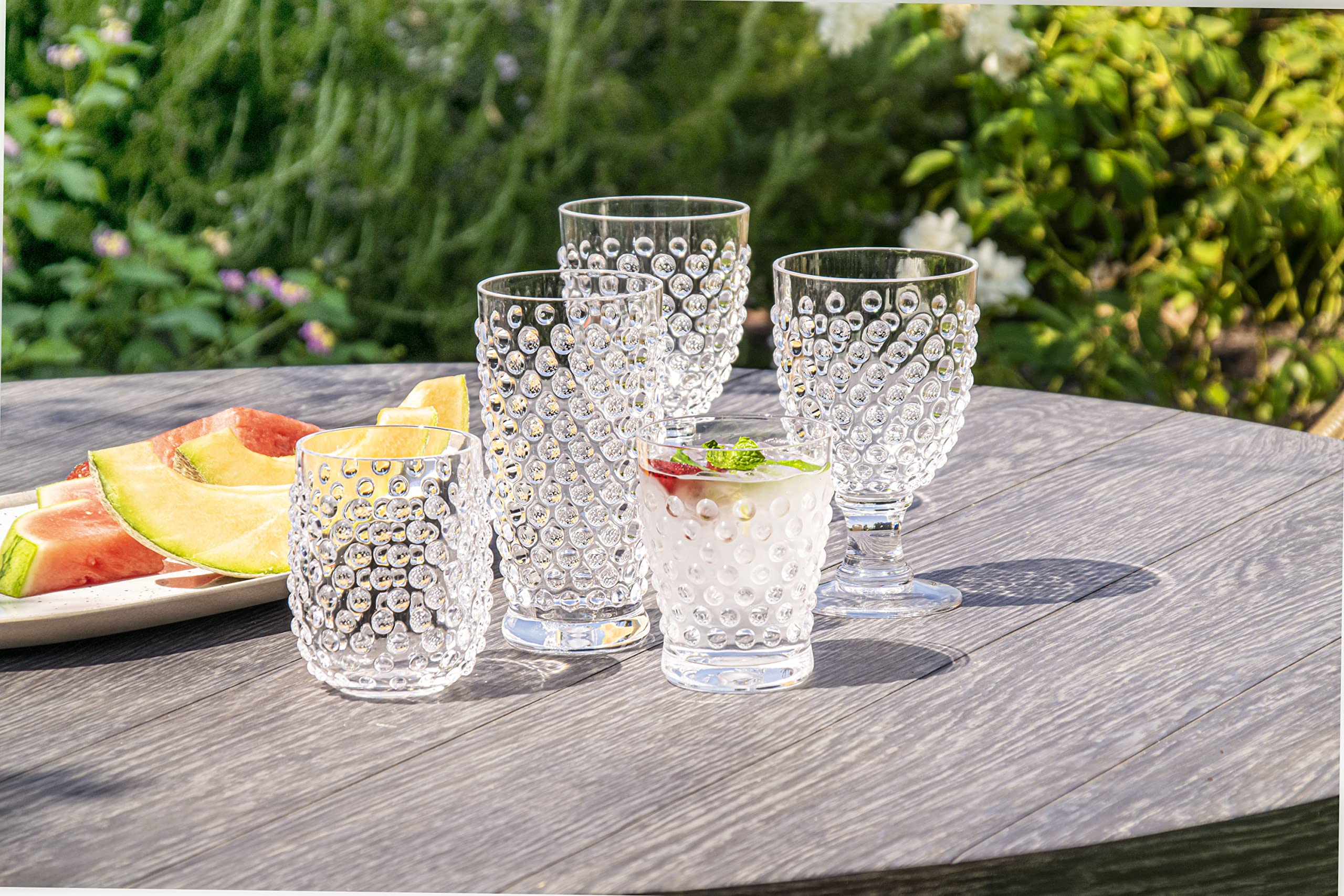 TarHong Hobnail Premium Plastic Drinkware Tumbler/Double Old Fashioned, 14 Ounce, Clear, Set of 6