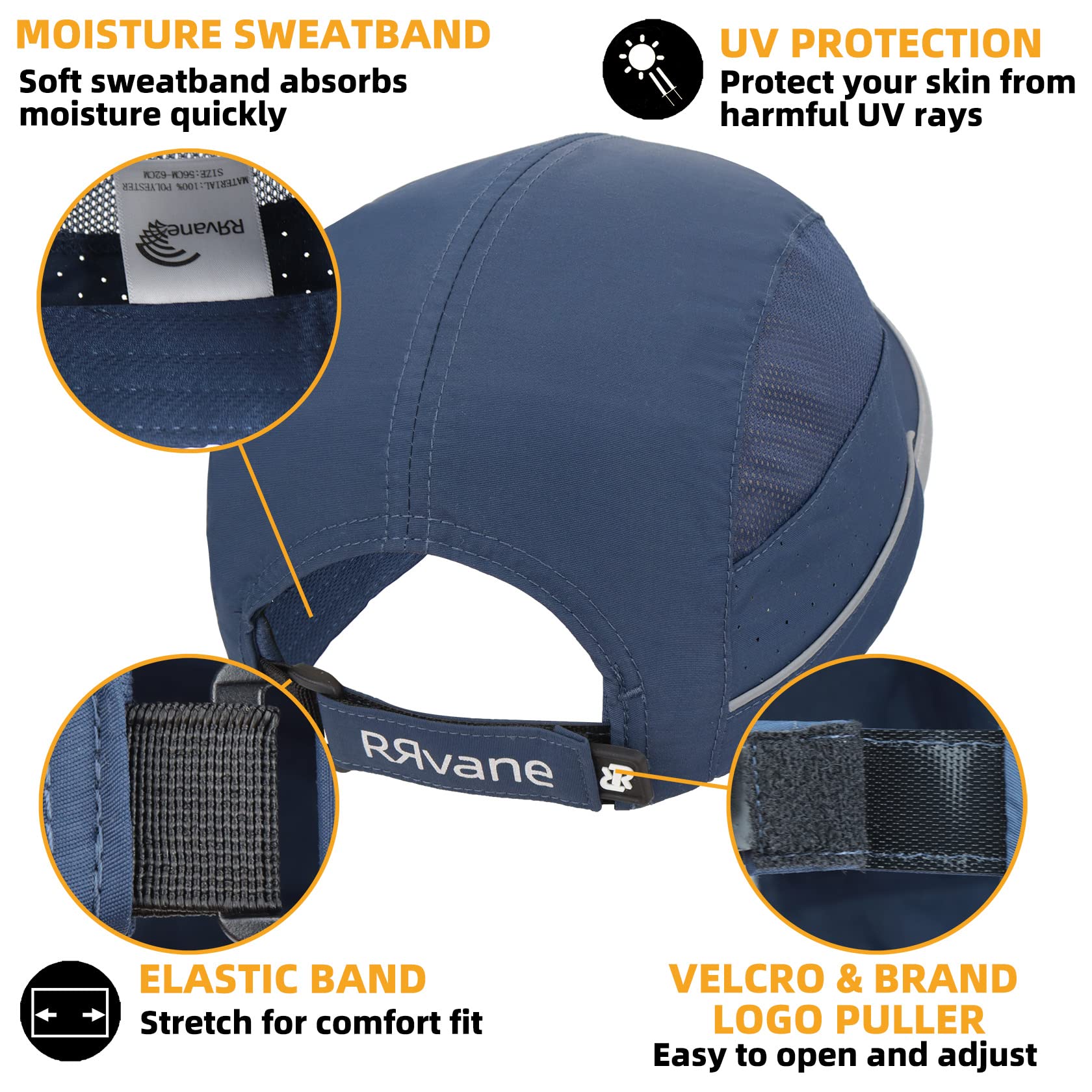 UPF50+ Quick Dry Outdoor Sports Hat Polyester Running Cap Reflective Baseball Cap,Fit 22"~24-3/8" for Unisex (Navy, Classic)