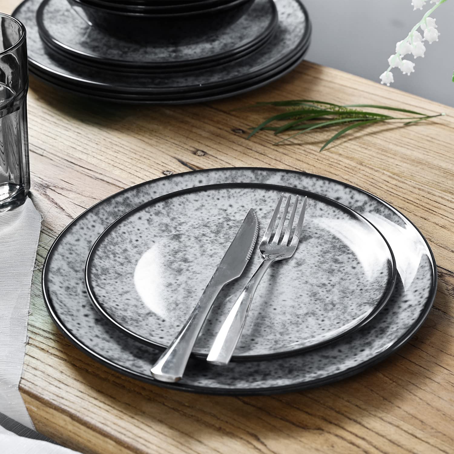 Melamine Dinnerware Set of 12 Pcs-Melamine Plates and Bowls Set for Indoor and Outdoor Use, BPA Free Dishwasher Safe, Lightweight Unbreakable(Glazed Grey)